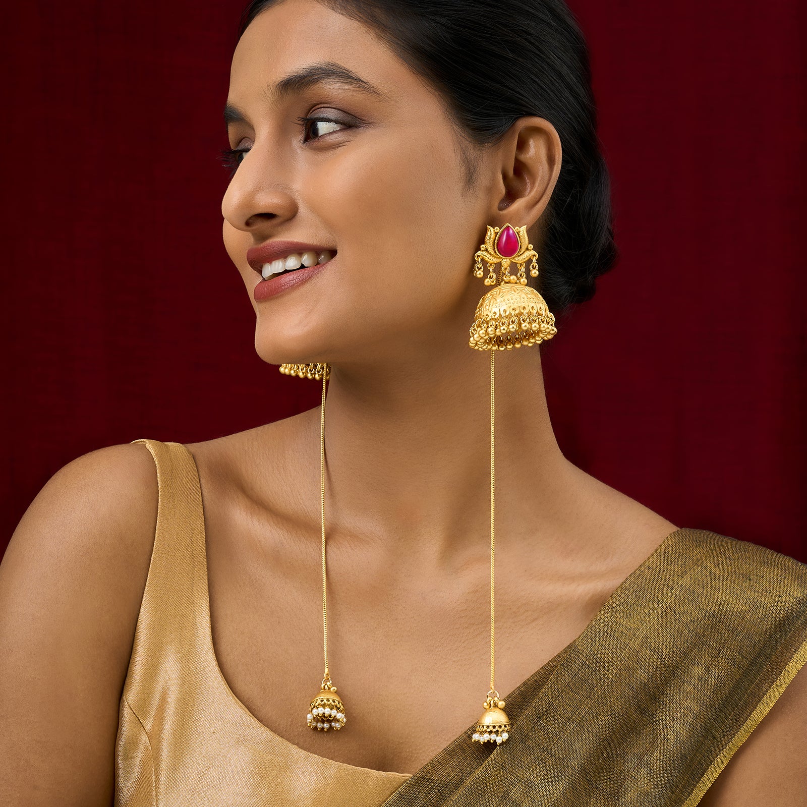 Teejh Gulis Gold and Red Ghungroo Jhumkas