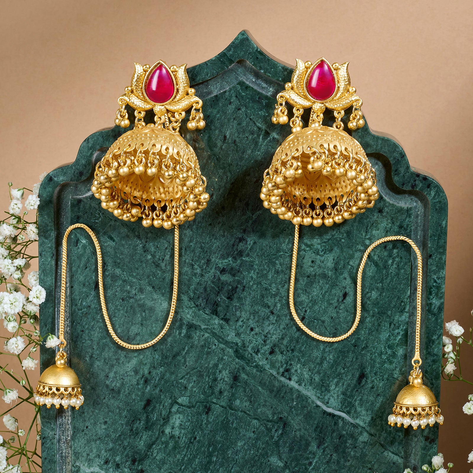 Teejh Gulis Gold and Red Ghungroo Jhumkas