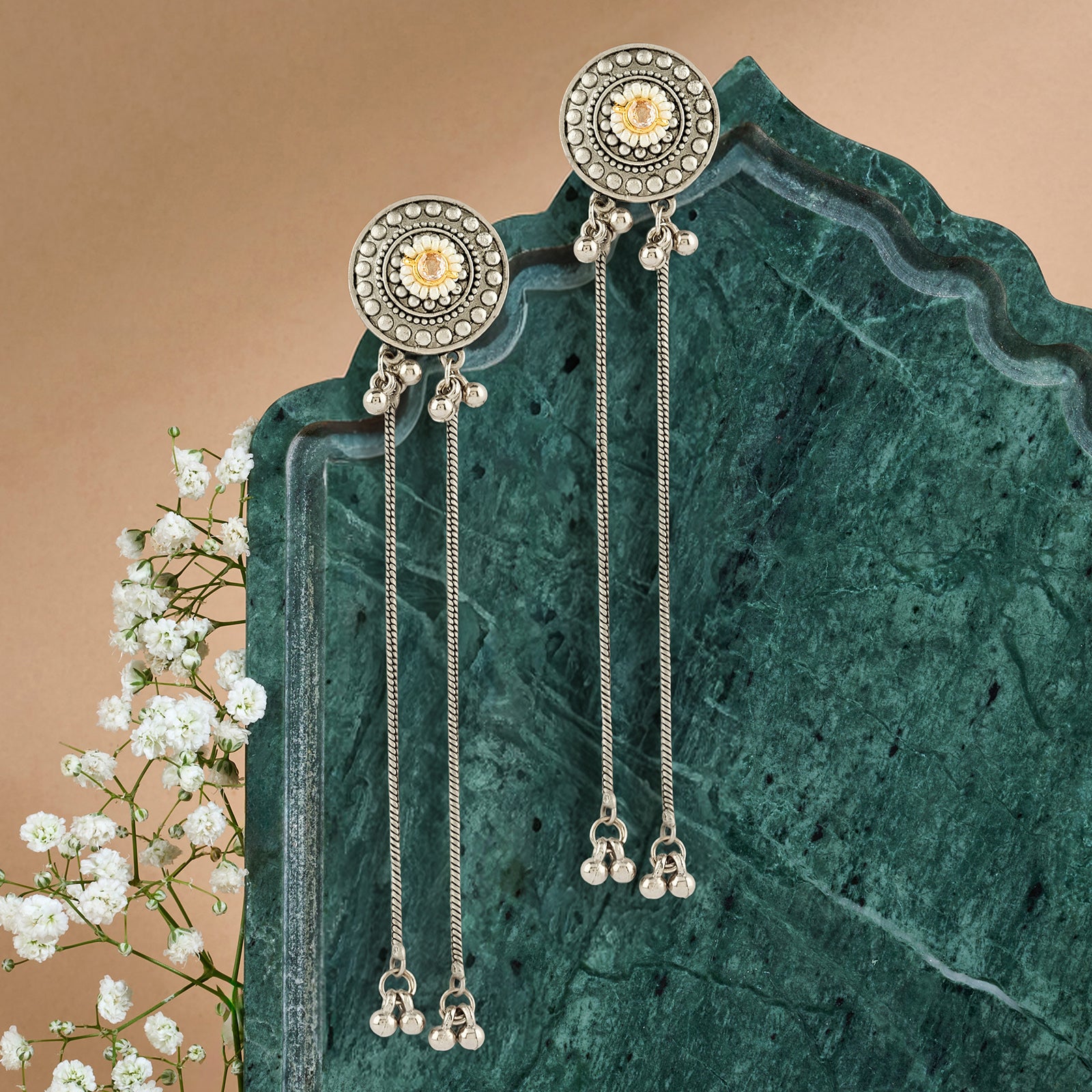 Teejh Yember Silver and White Ghungroo Chandbali