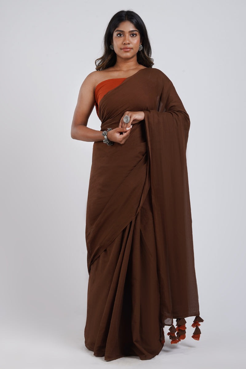 Teejh Sun and Saturn Brown and Rust Orange Mulmul Saree