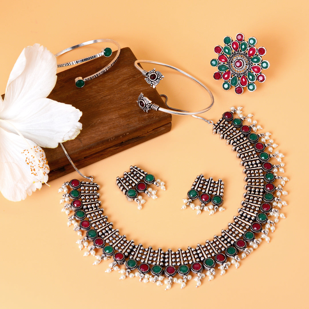 Naisha Multi Colored Silver Oxidized Jewelry Gift Set Teejh